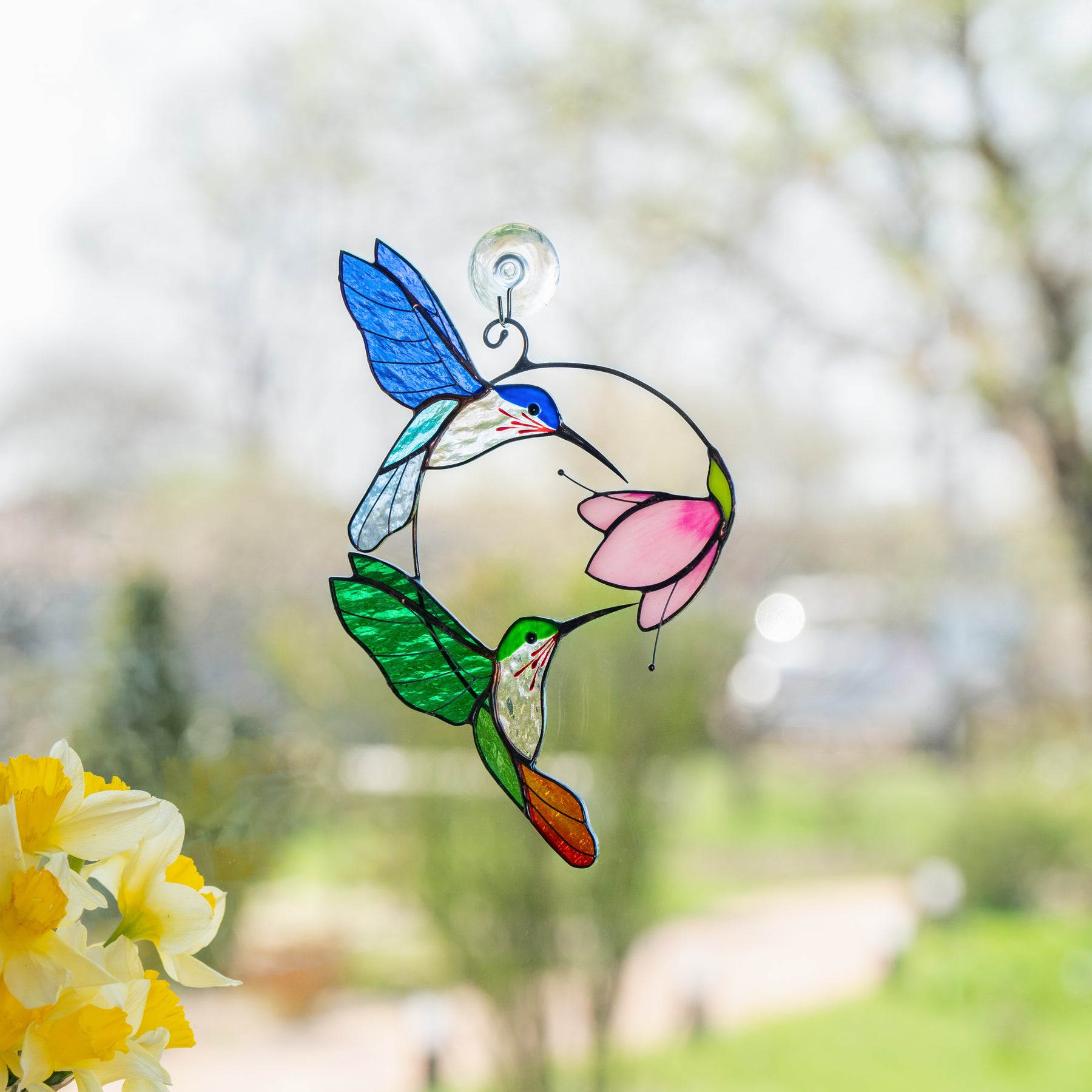 Flying hummingbirds stained glass window hanging for home decor ideas ...