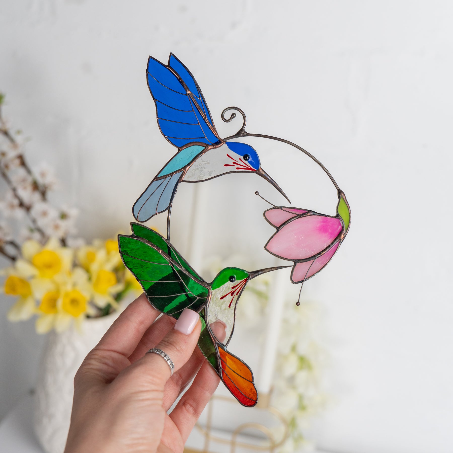 Flying hummingbirds stained glass window hanging for home decor ideas ...