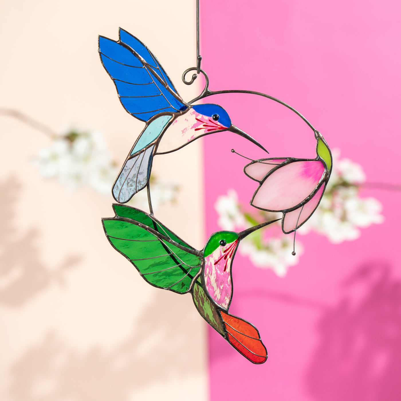 Flying hummingbirds stained glass window hanging for home decor ideas ...