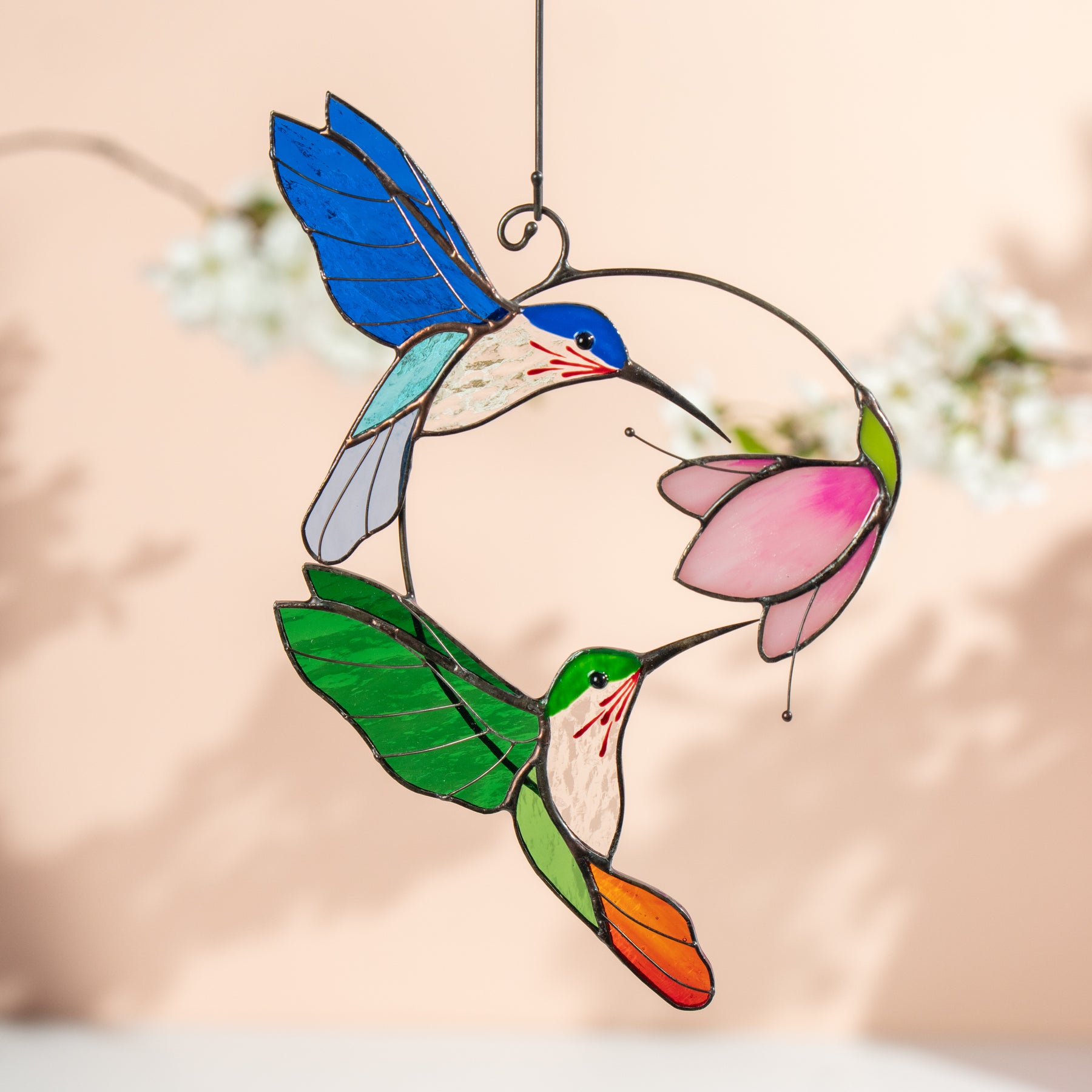 Flying hummingbirds stained glass window hanging for home decor ideas ...