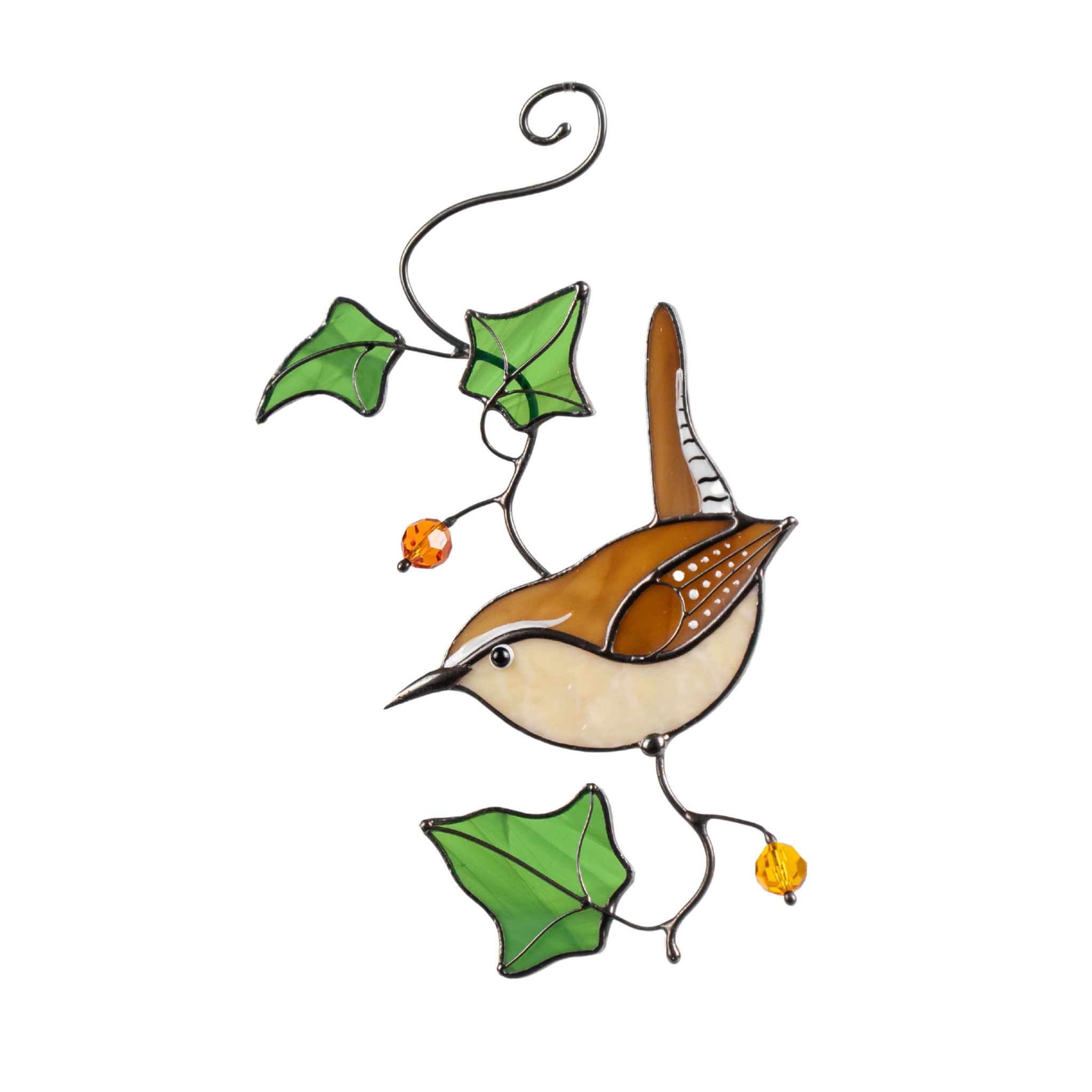Bright stained glass Сarolina Wren with leaves light catcher for home ...