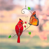Cardinal with monarch butterfly stained glass ornament