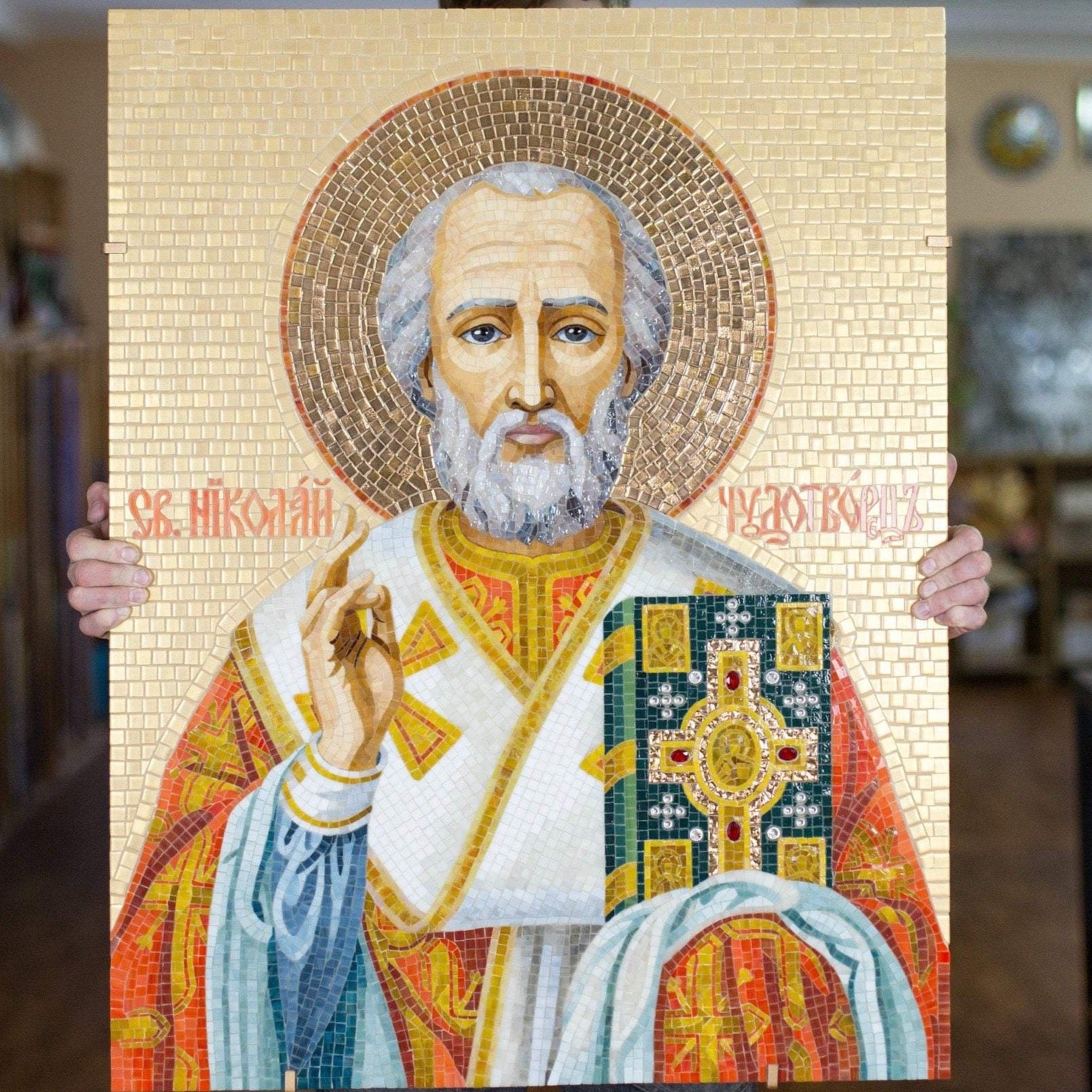 Stained glass orthodox icon mosaic of St. Nicholas the Wonderworker ...