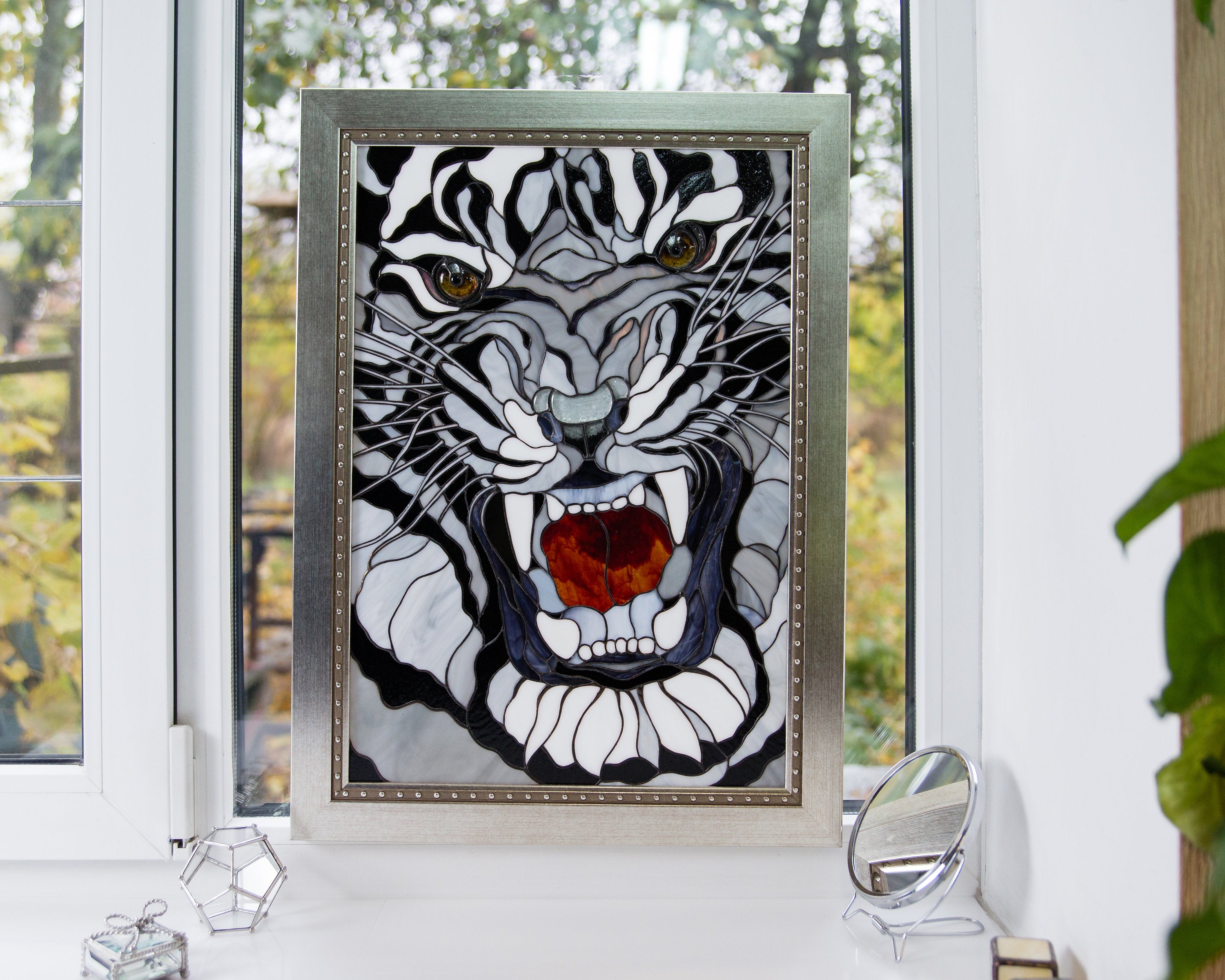 Modern stained glass white tiger wall art / Custom stained glass anima ...